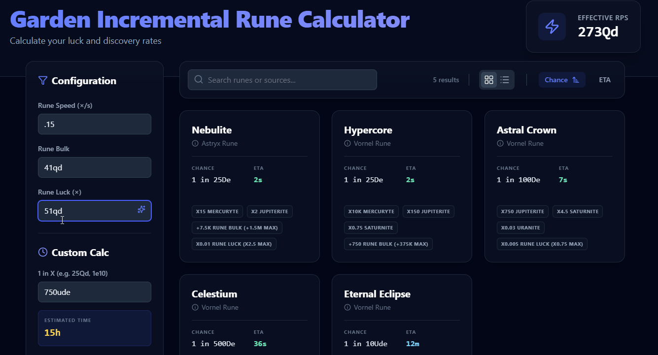 Garden Incremental Rune Calculator